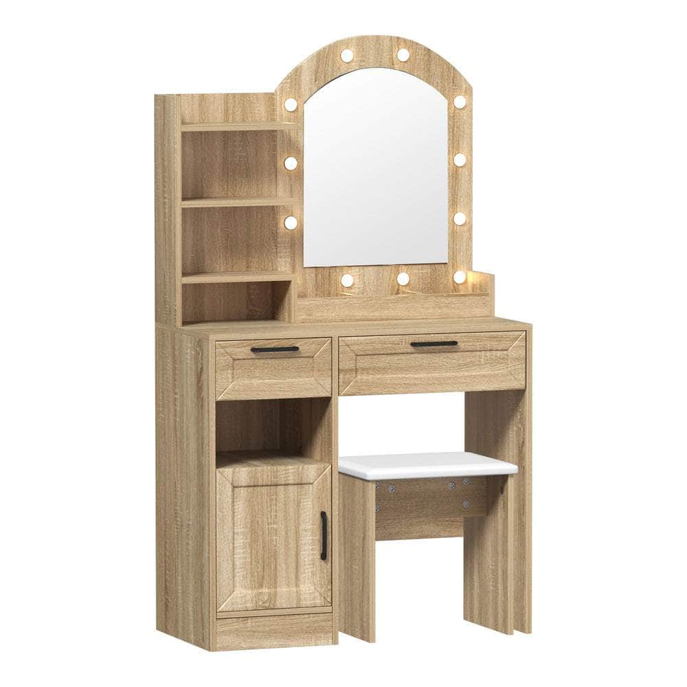 Dressing Table Stool Set Arch Mirror 12 LED Bulbs Natural – Simple deals