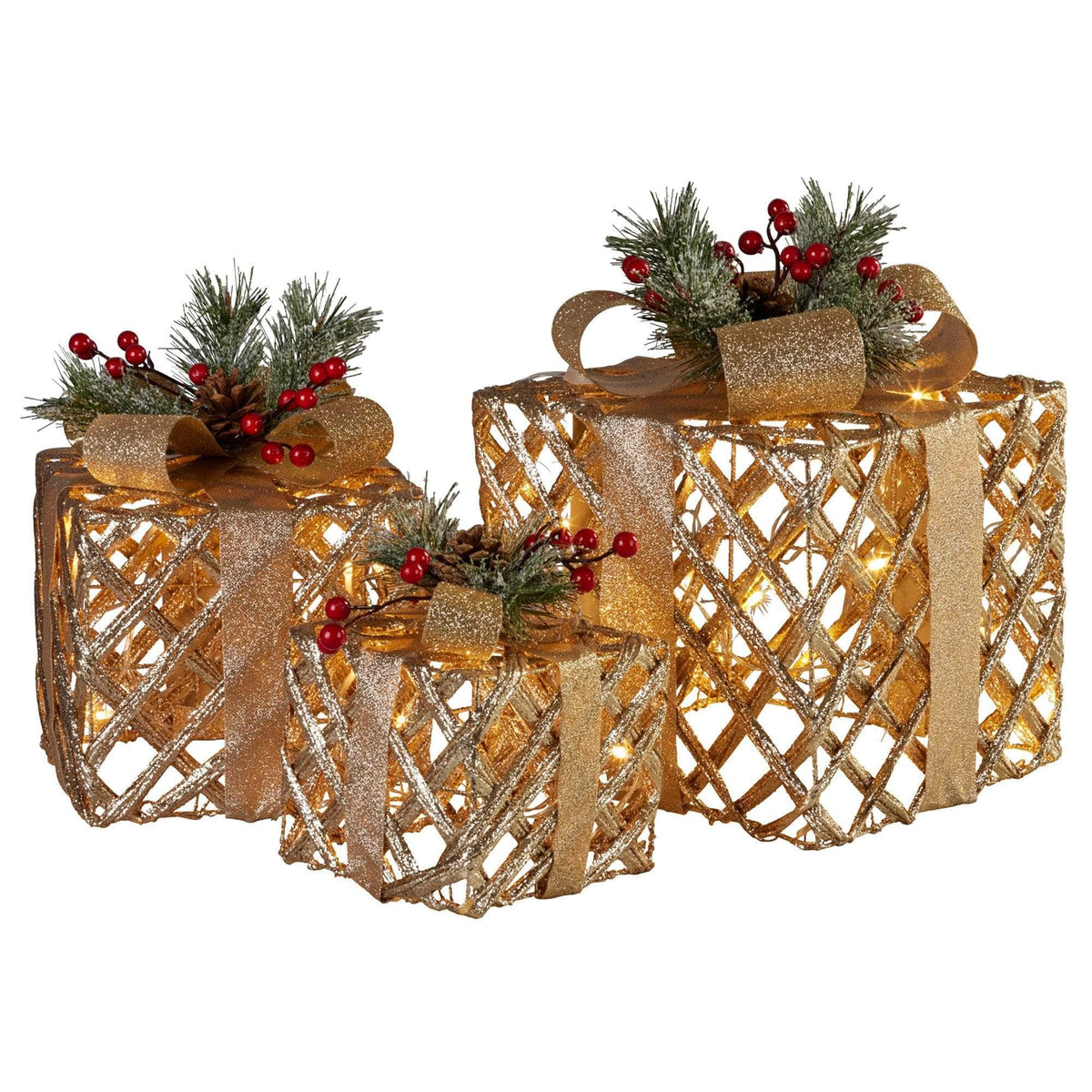 Set of 3 Christmas Gift Boxes Display With Lights in Champagne and Gol ...